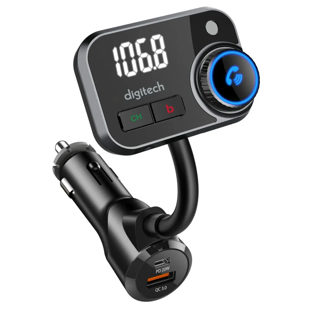 Digitech FM Transmitter with Bluetooth, USB Type-C Power Delivery 20W and Qualcomm Quick Charge ...