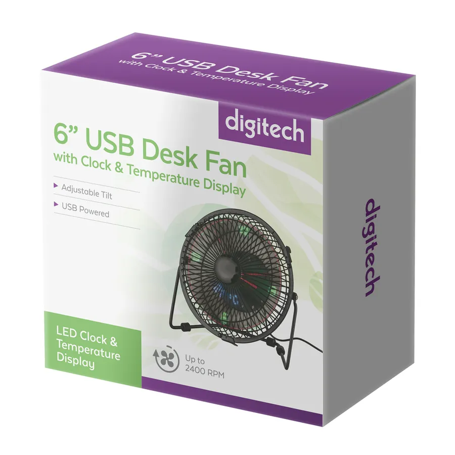 USB Desk Fan with Clock and Temperature Display | Jaycar Australia