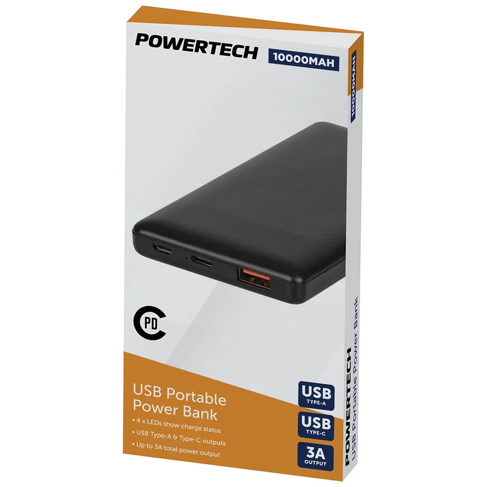 Powertech 10,000mAh Power Bank with USB-C and USB-A Ports in Black ...