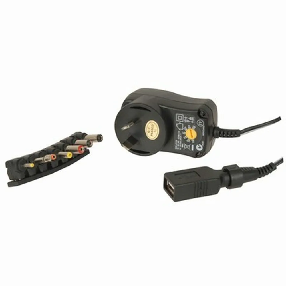 3-12V DC 12W Power Supply 7DC Plugs and USB Outlet | Jaycar Australia
