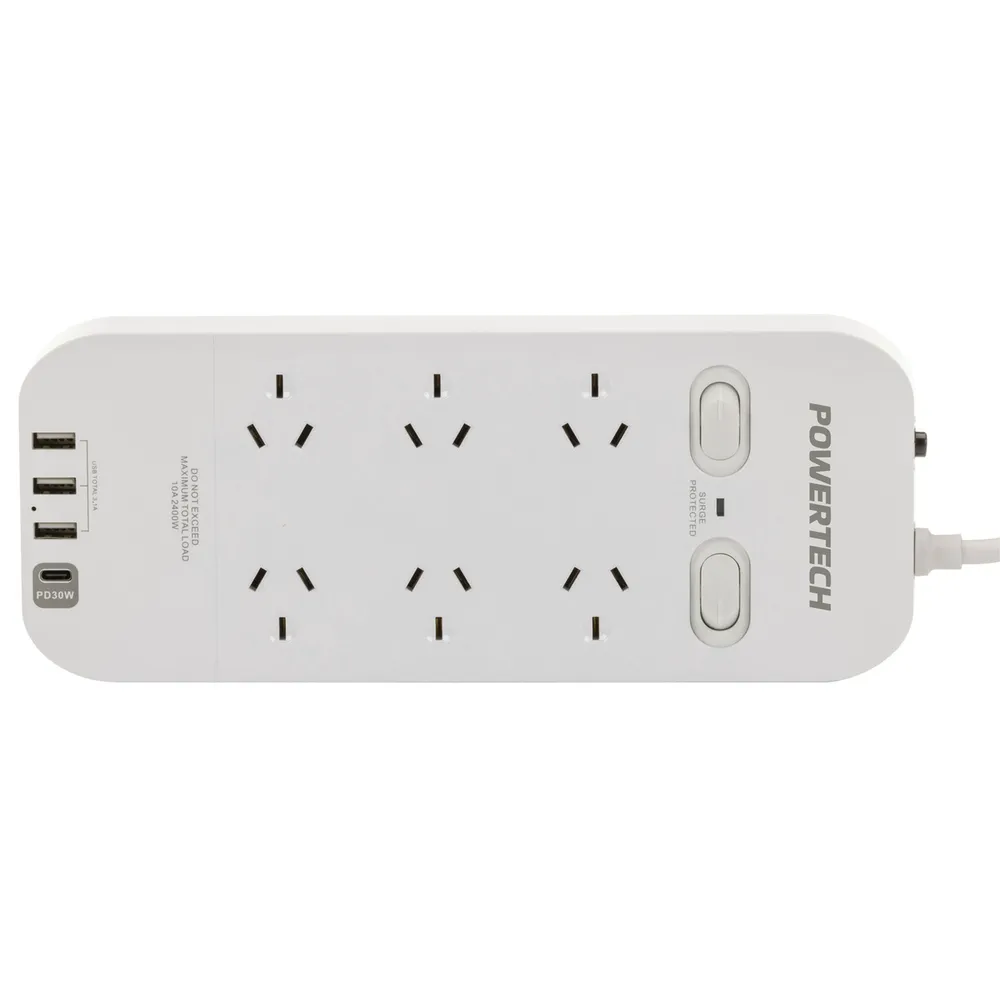 6 Way Surge Protected Dual Master Switch Power board with 3 x USB Type ...