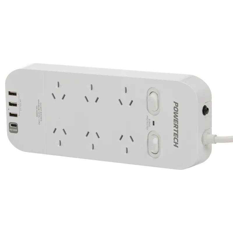6 Way Surge Protected Dual Master Switch Power board with 3 x USB Type ...