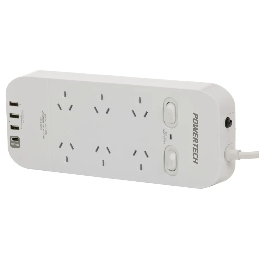 6 Way Surge Protected Dual Master Switch Power board with 3 x USB Type ...