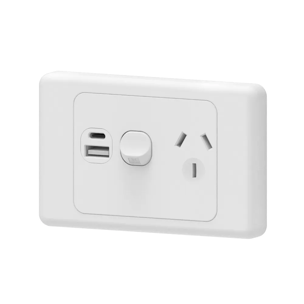 Mains 10A Horizontal Single Powerpoint with Type A+C USB (5V/2.1A ...
