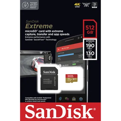 Sandisk 512GB High Extreme microSDXC Class 10, Reads 190MB/S, Writes ...